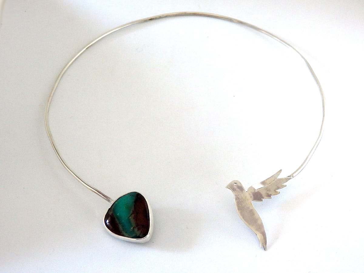 Collier Rigide Argent massif 925, Colibri et Chrysoprase verte et ...