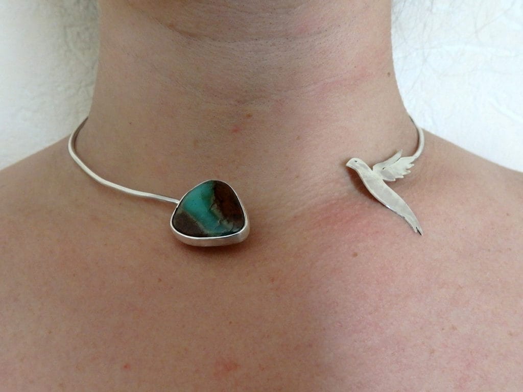 Collier Rigide Argent massif 925, Colibri et Chrysoprase verte et ...